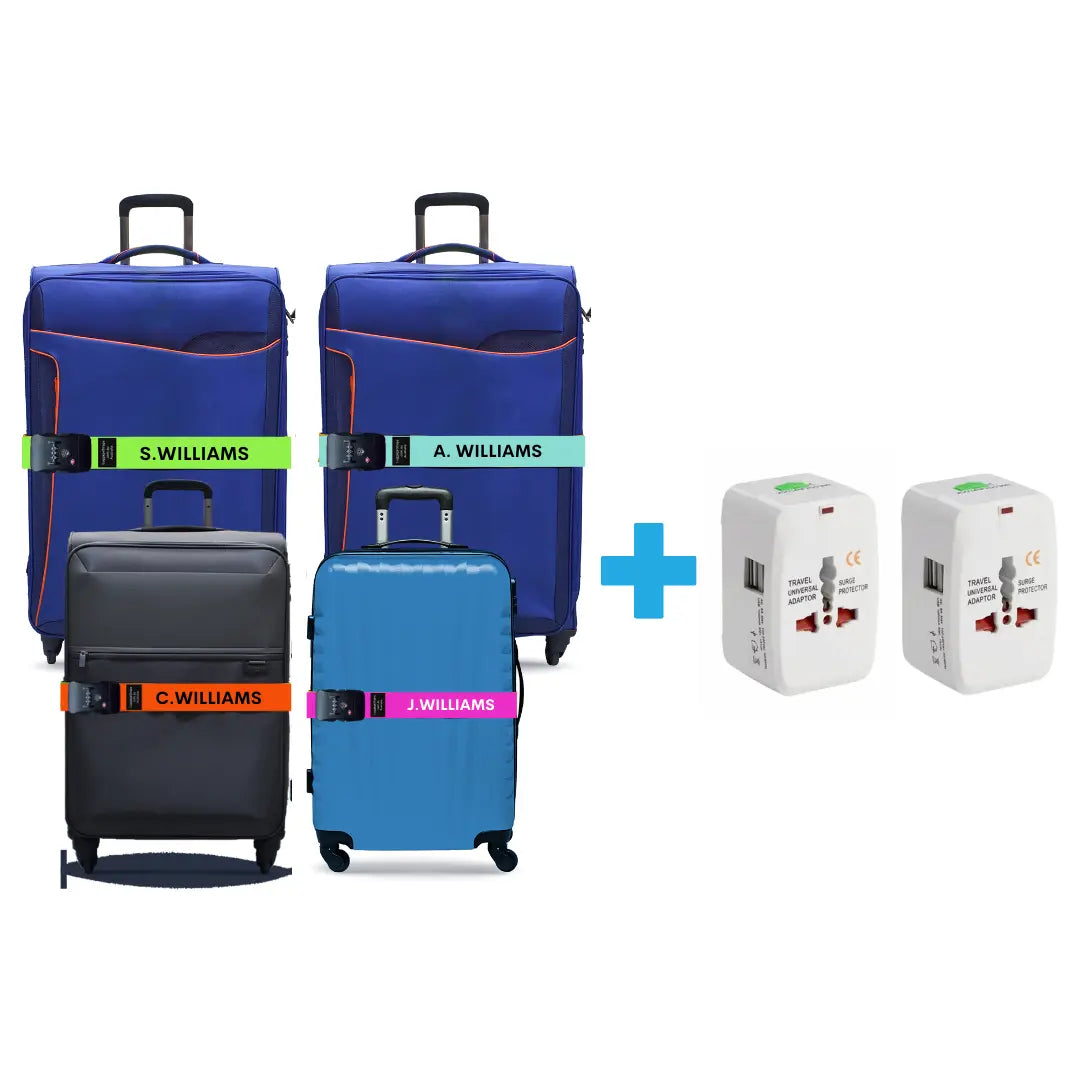 Family Travel Kit: Personalized Luggage Straps & Universal Adaptors ...
